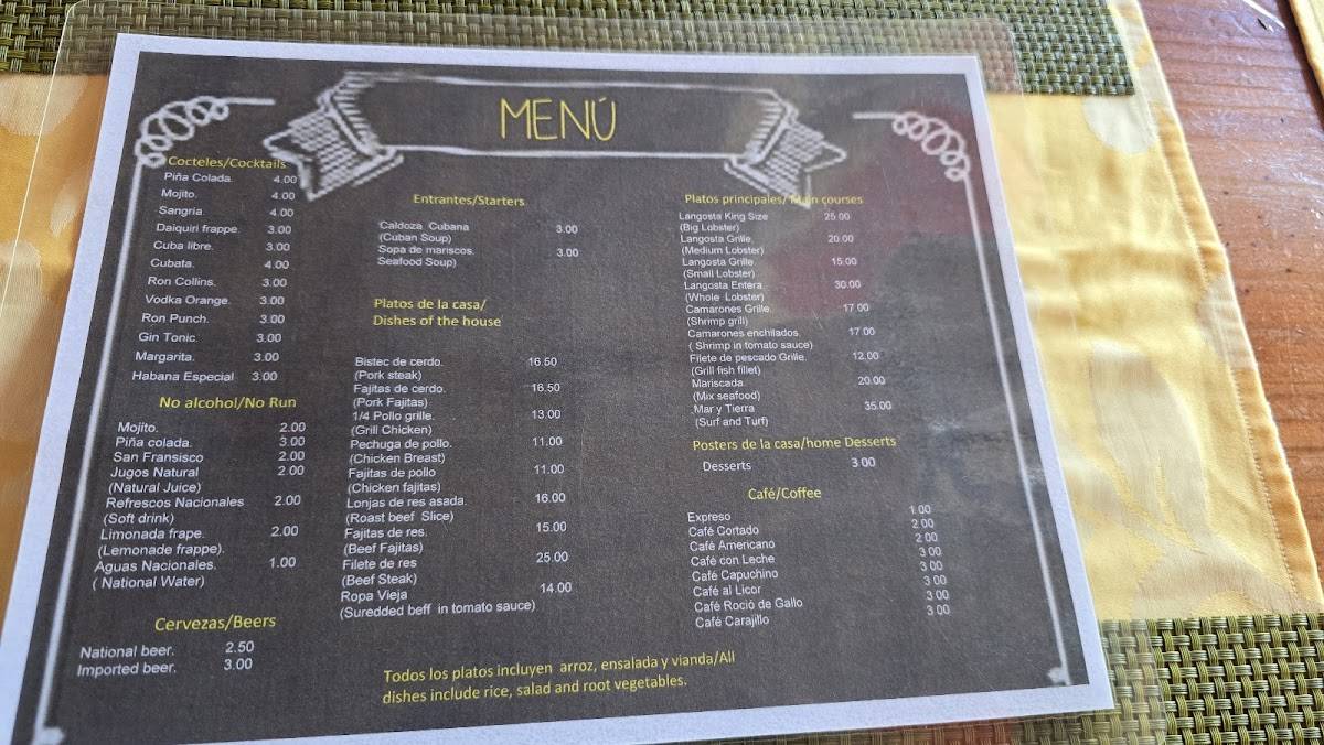 Carta del restaurante El Rancho, Varadero, 5P3X+CGW