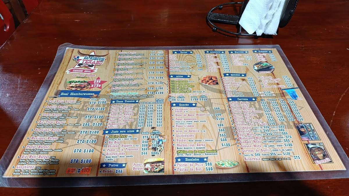 Carta del restaurante “El Rincón Texano", Ixtlahuaca del Rayón