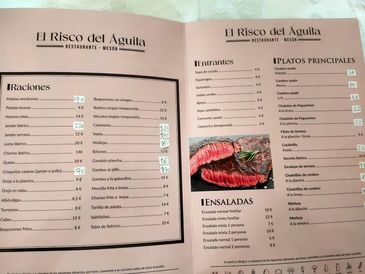 Carta del restaurante El Risco del Águila, Peguerinos