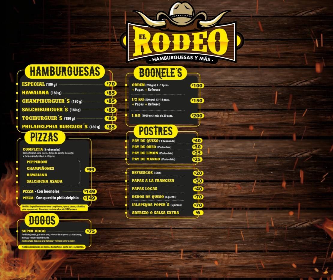 Carta del restaurante "El Rodeo" Hamburguesas, Boneless, Pizzas y Más ...