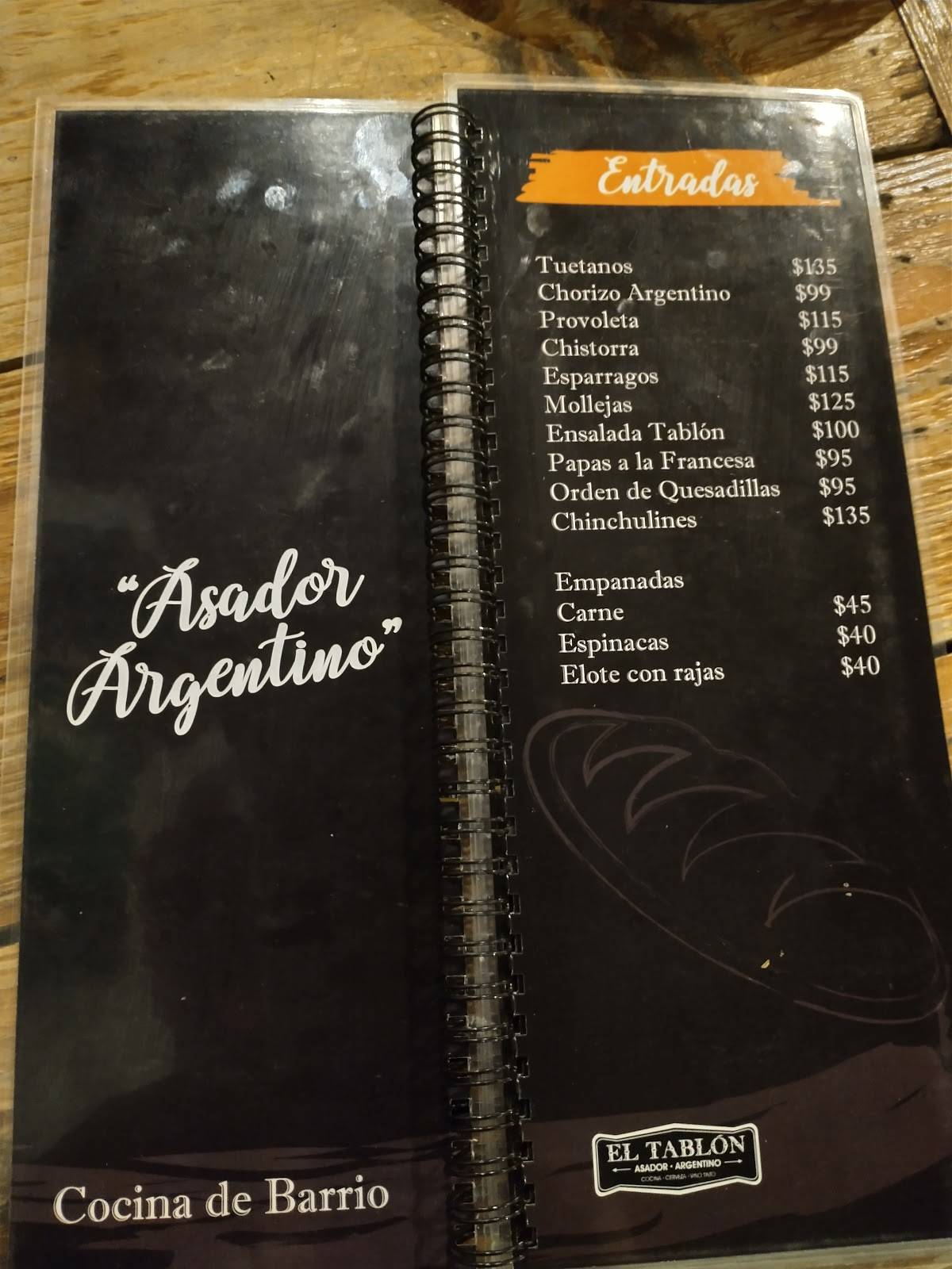 Carta de El Tablón - Restaurant Argentino, Guadalajara