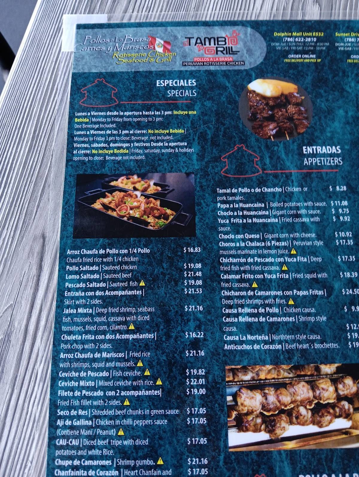 Carta del restaurante El Tambo Grill, Miami