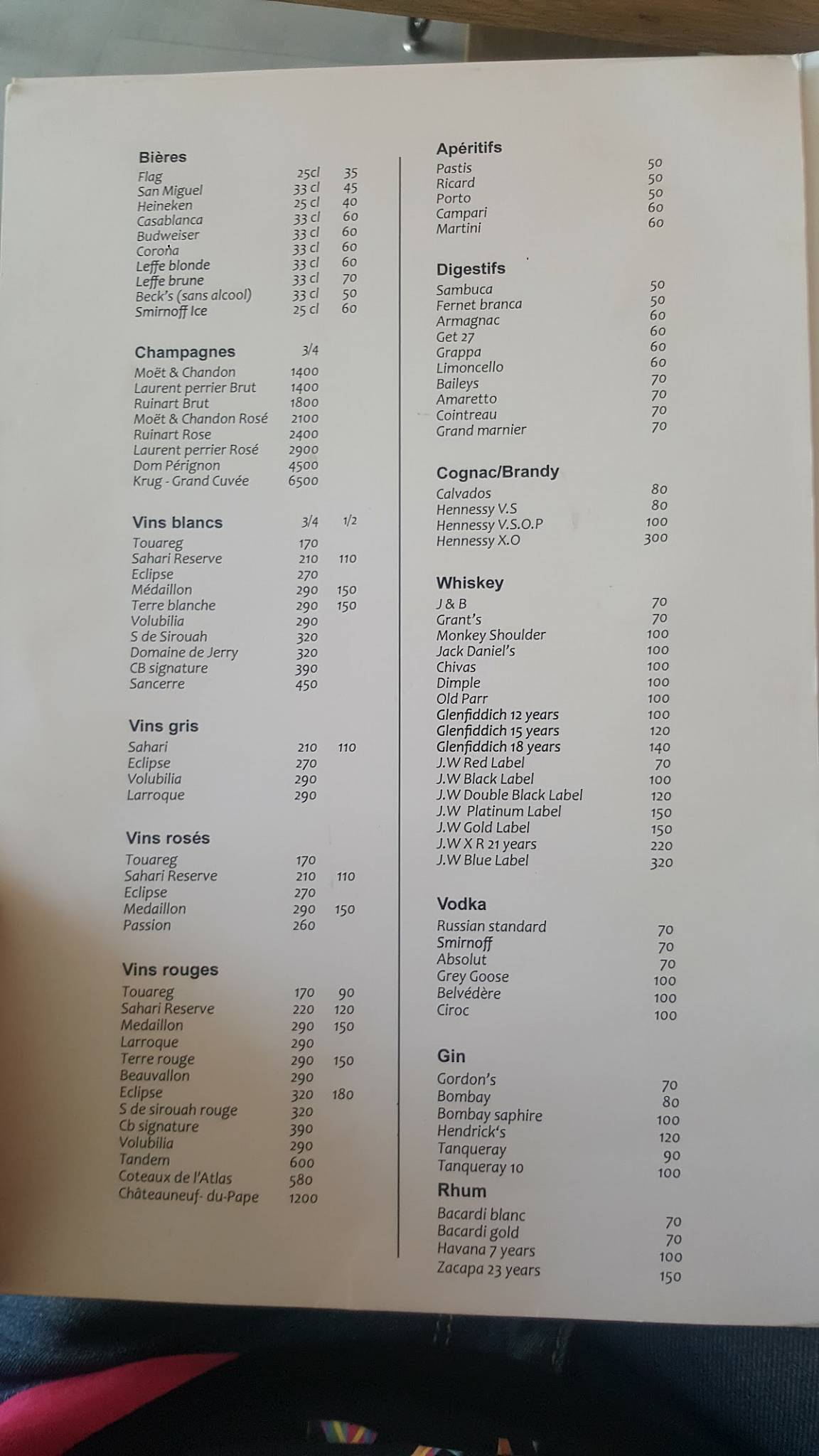 Carta del restaurante El Tangerino, Tánger, 186 Ave Mohammed VI