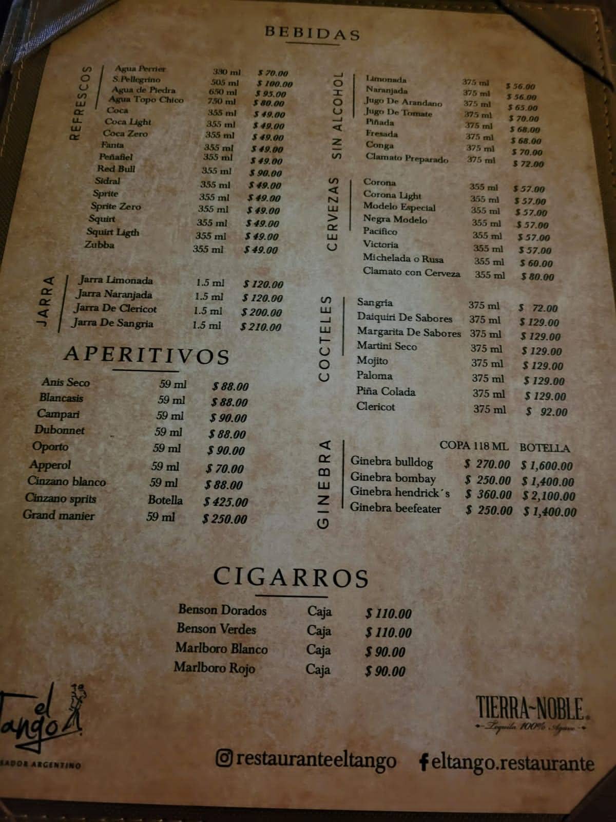 Carta del restaurante El Tango, Zapopan