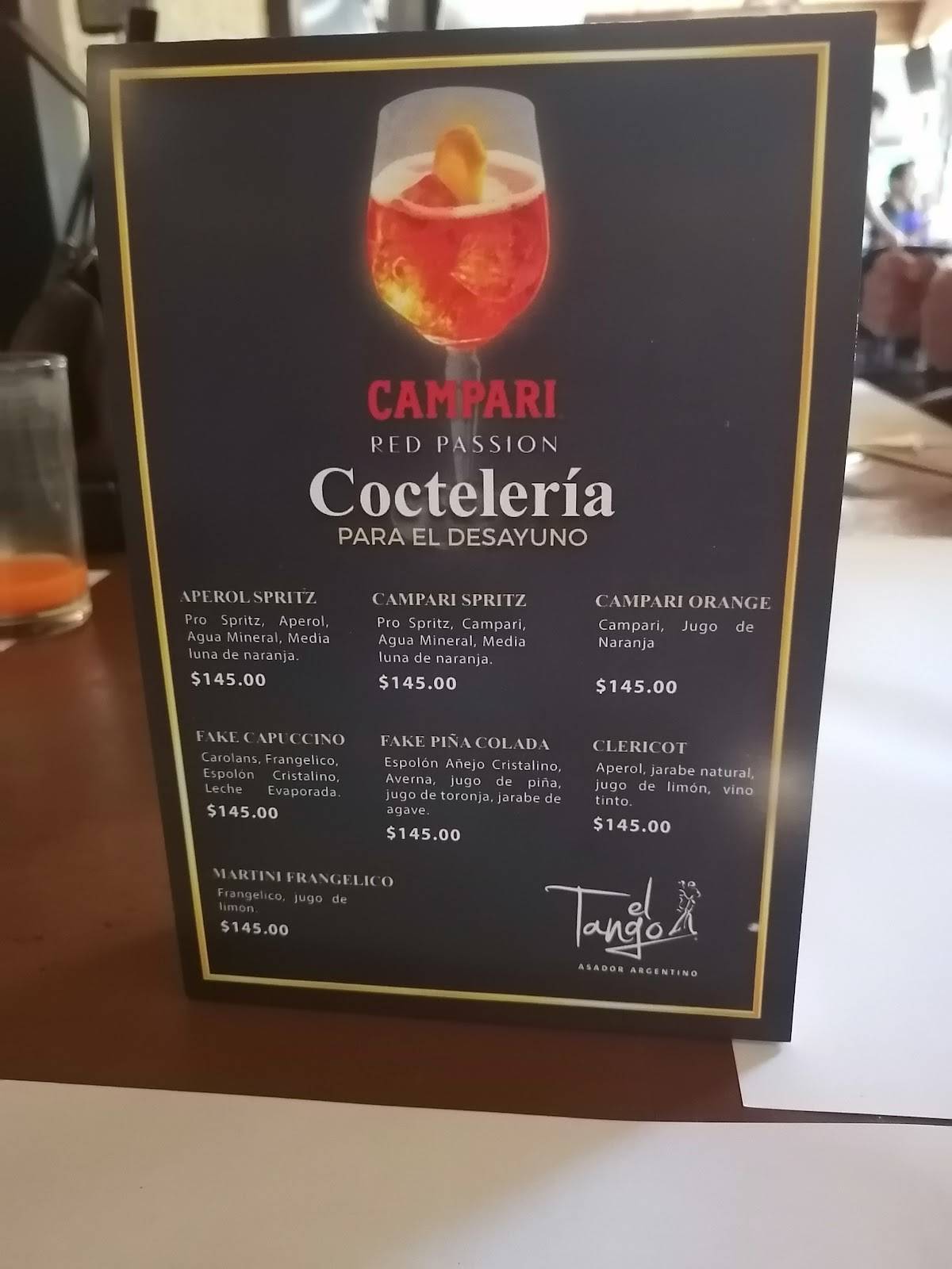 Carta del restaurante El Tango, Zapopan