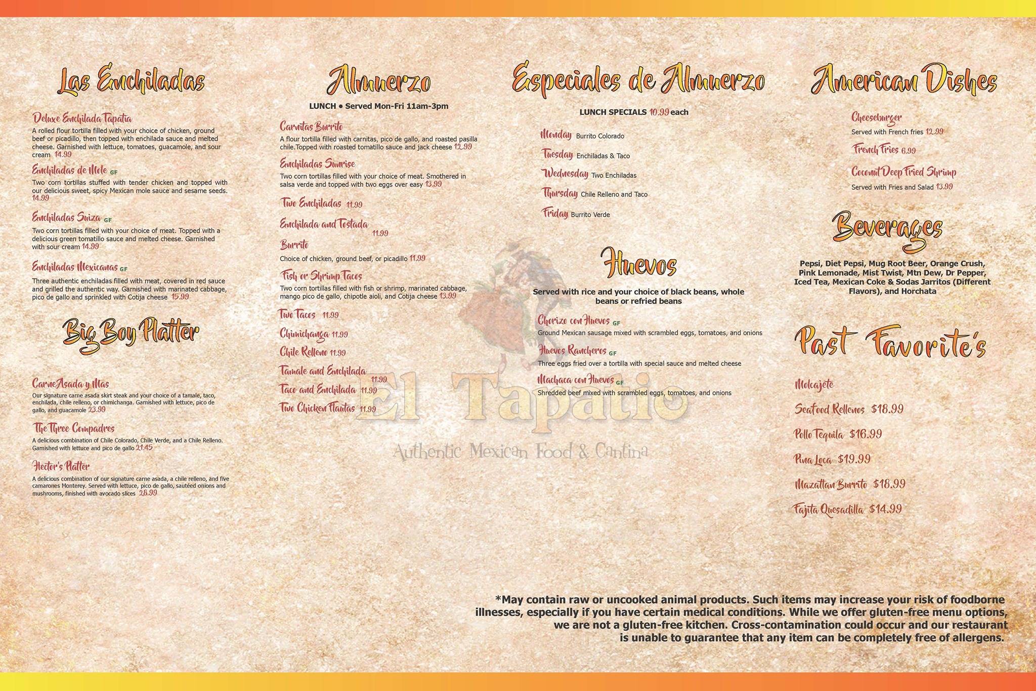 Menu at El Tapatio Family Mexican Restaurant, Rainier