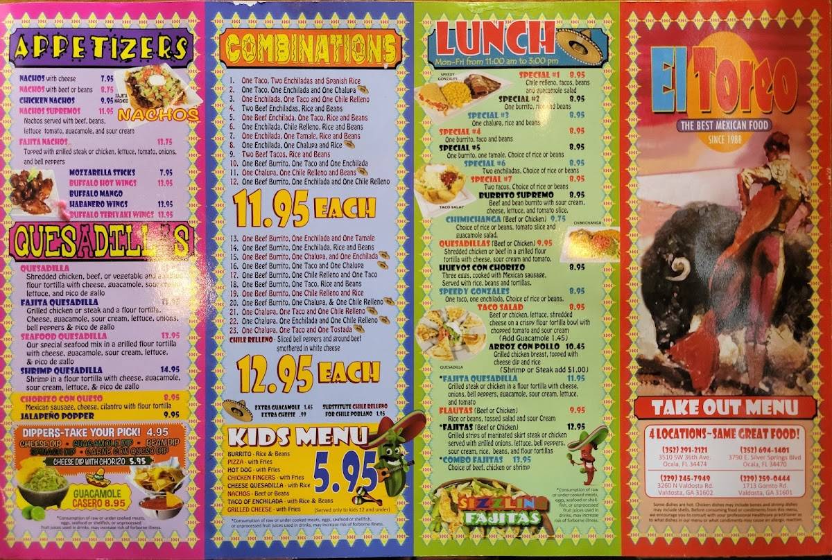 Menu at El Toreo Mexican Restaurant, Valdosta, N Valdosta Rd