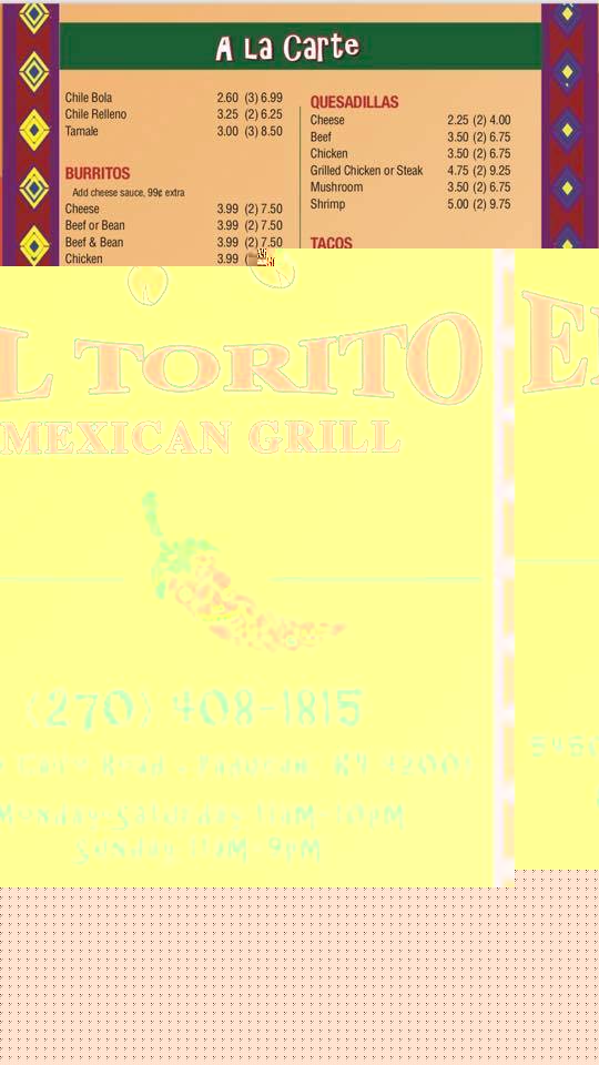 Menu at El Torito Mexican Grill restaurant, Paducah, Cairo Rd