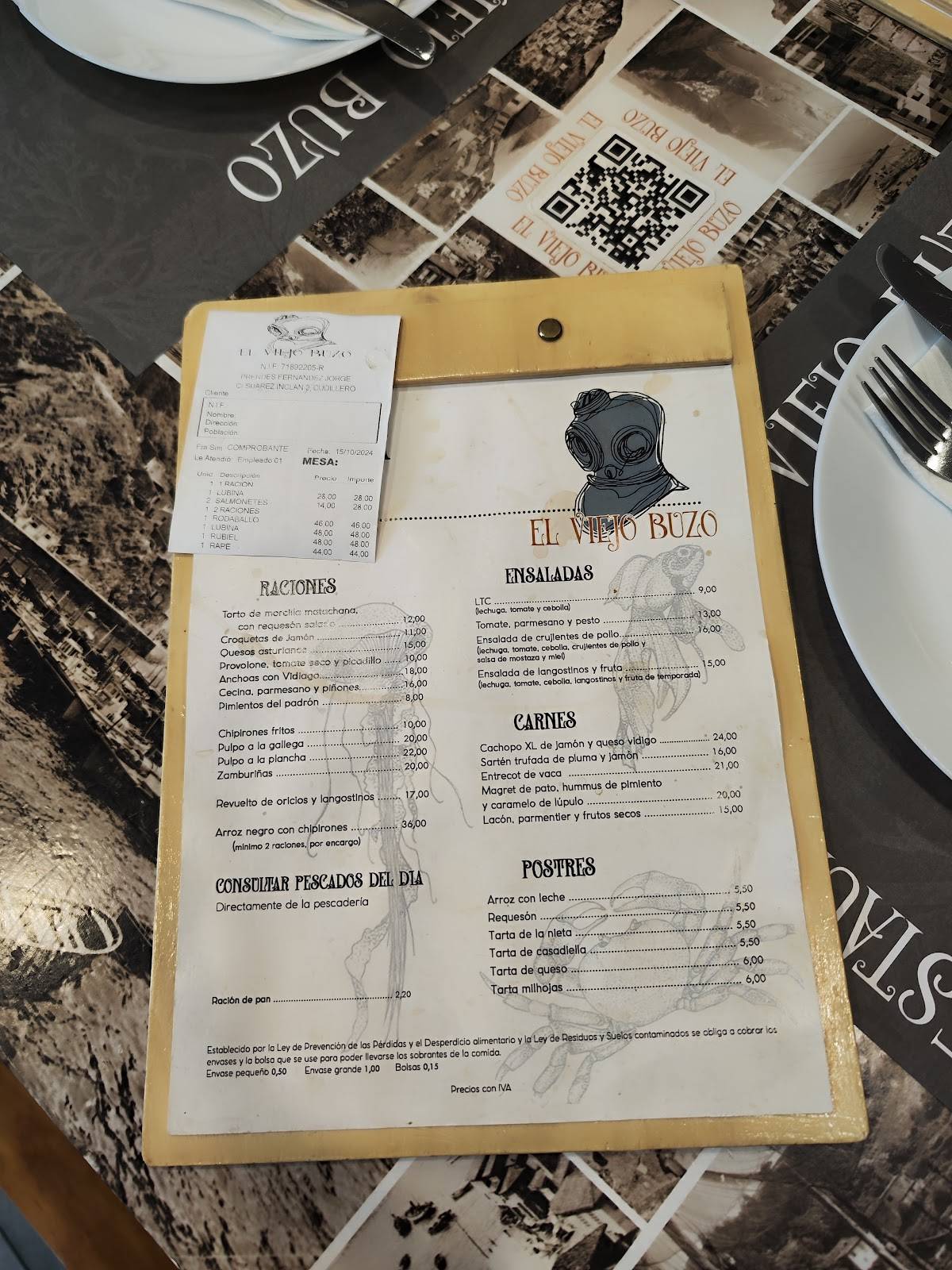 Carta del restaurante El Viejo Buzo, Cudillero