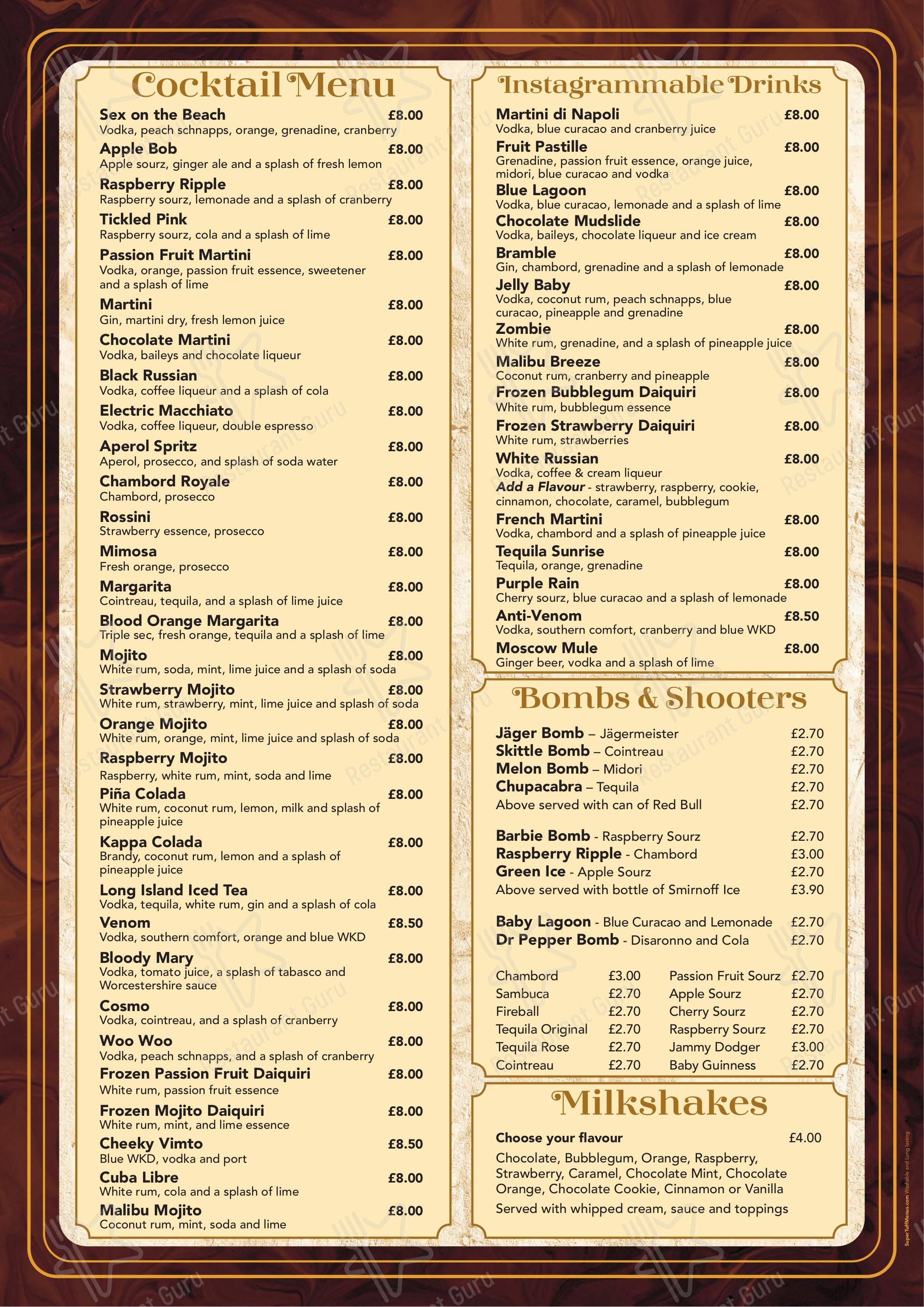 Menu at Electric Bar, Motherwell