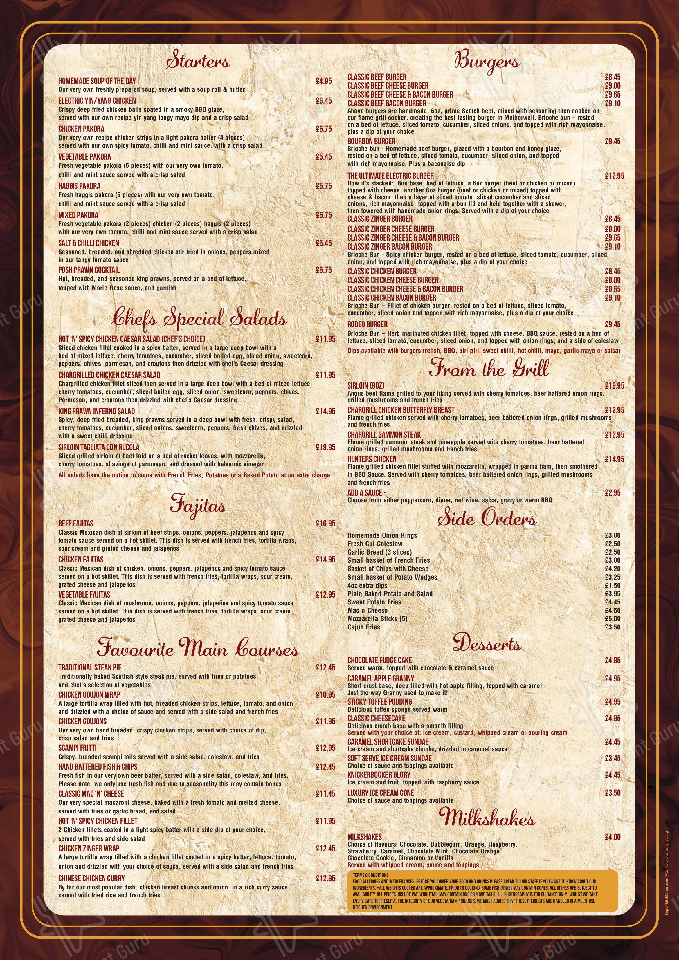 Menu at Electric Bar, Motherwell