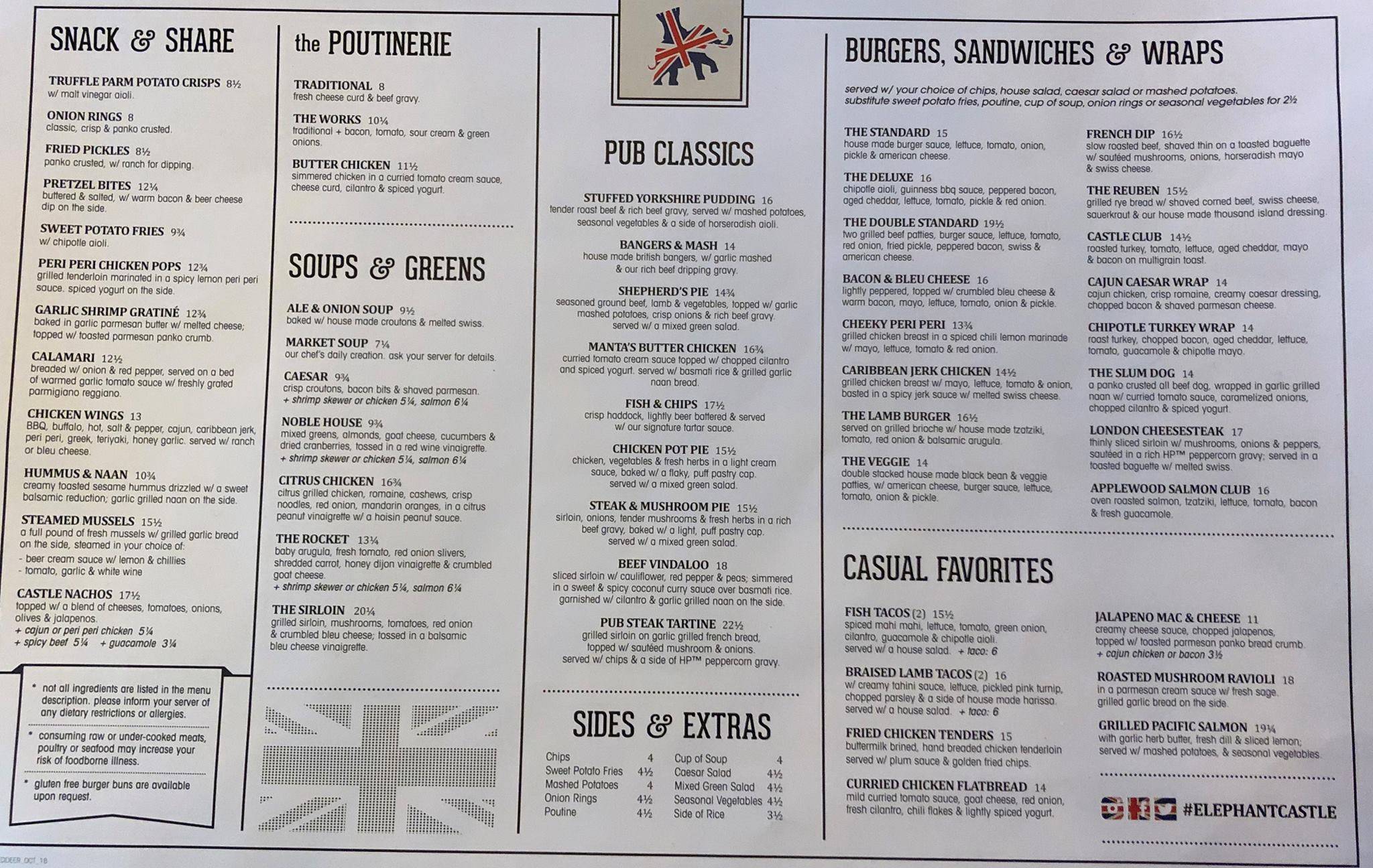 Menu au Elephant & Castle pub et bar, Red Deer, 110-500 Timberlands Drive