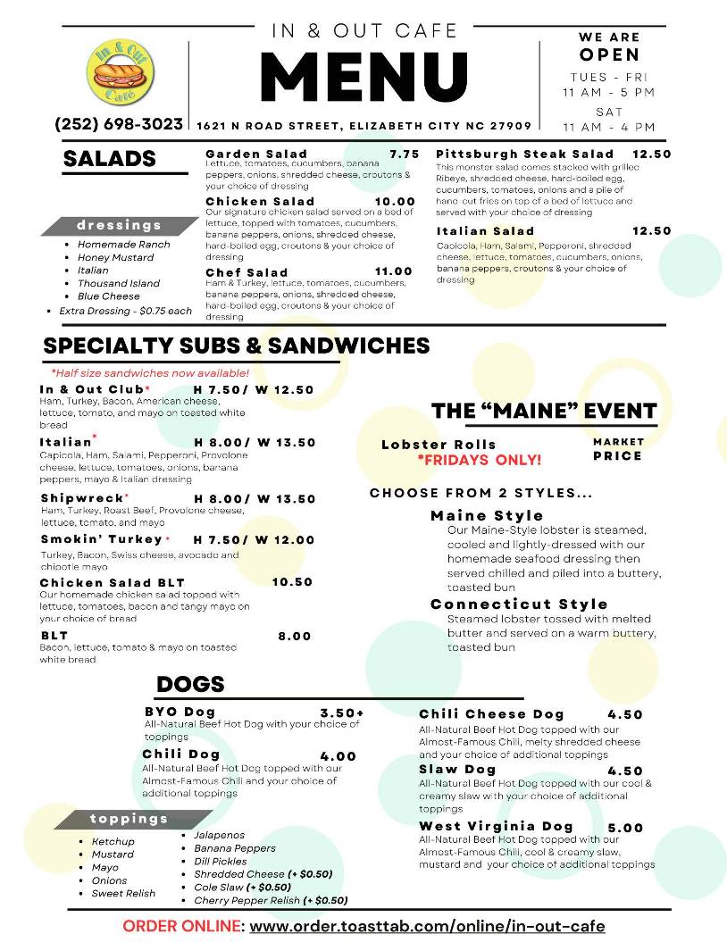 Menu at In & Out Cafe, Elizabeth City
