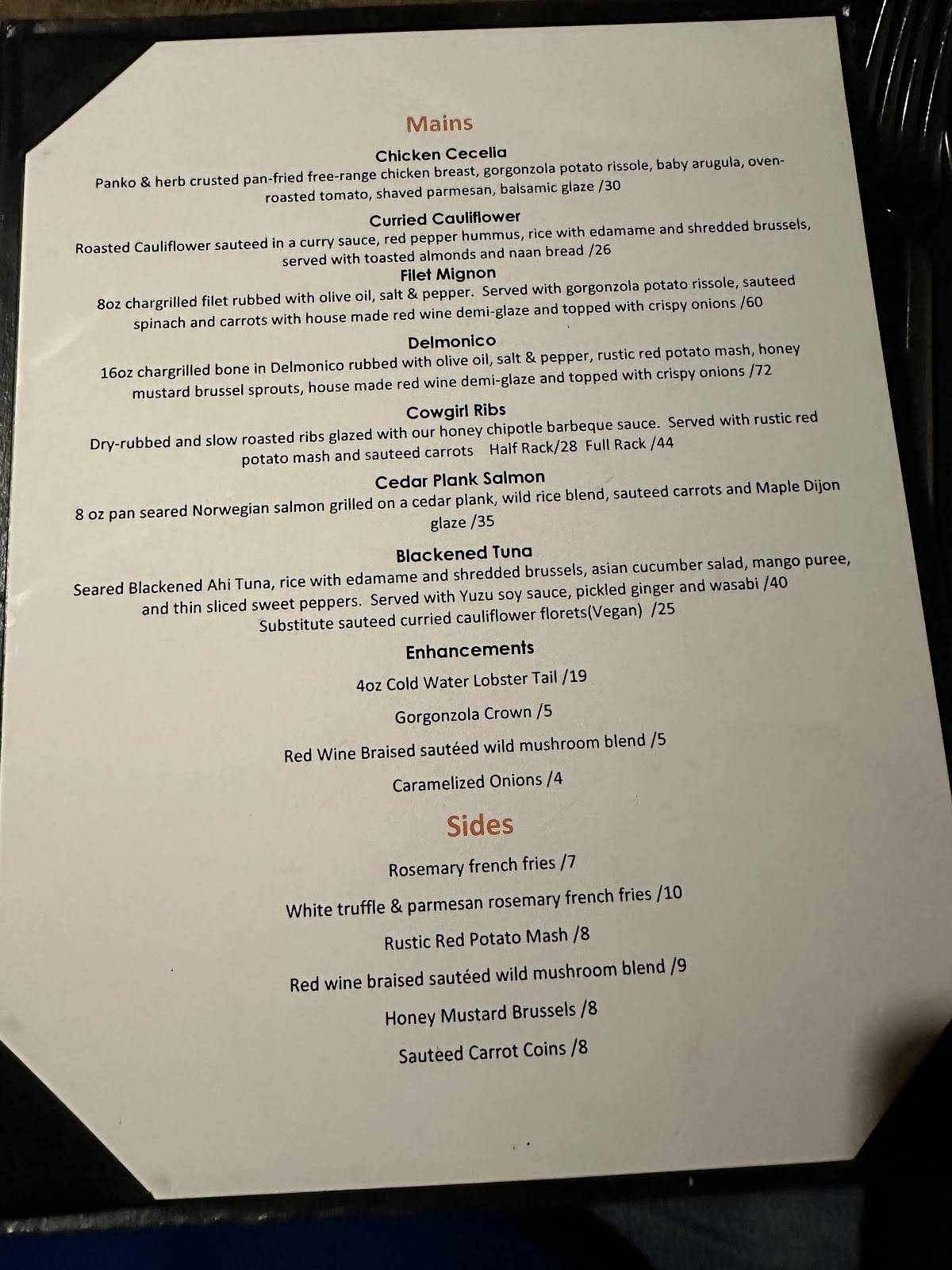 Menu at Dina's restaurant, Ellicottville