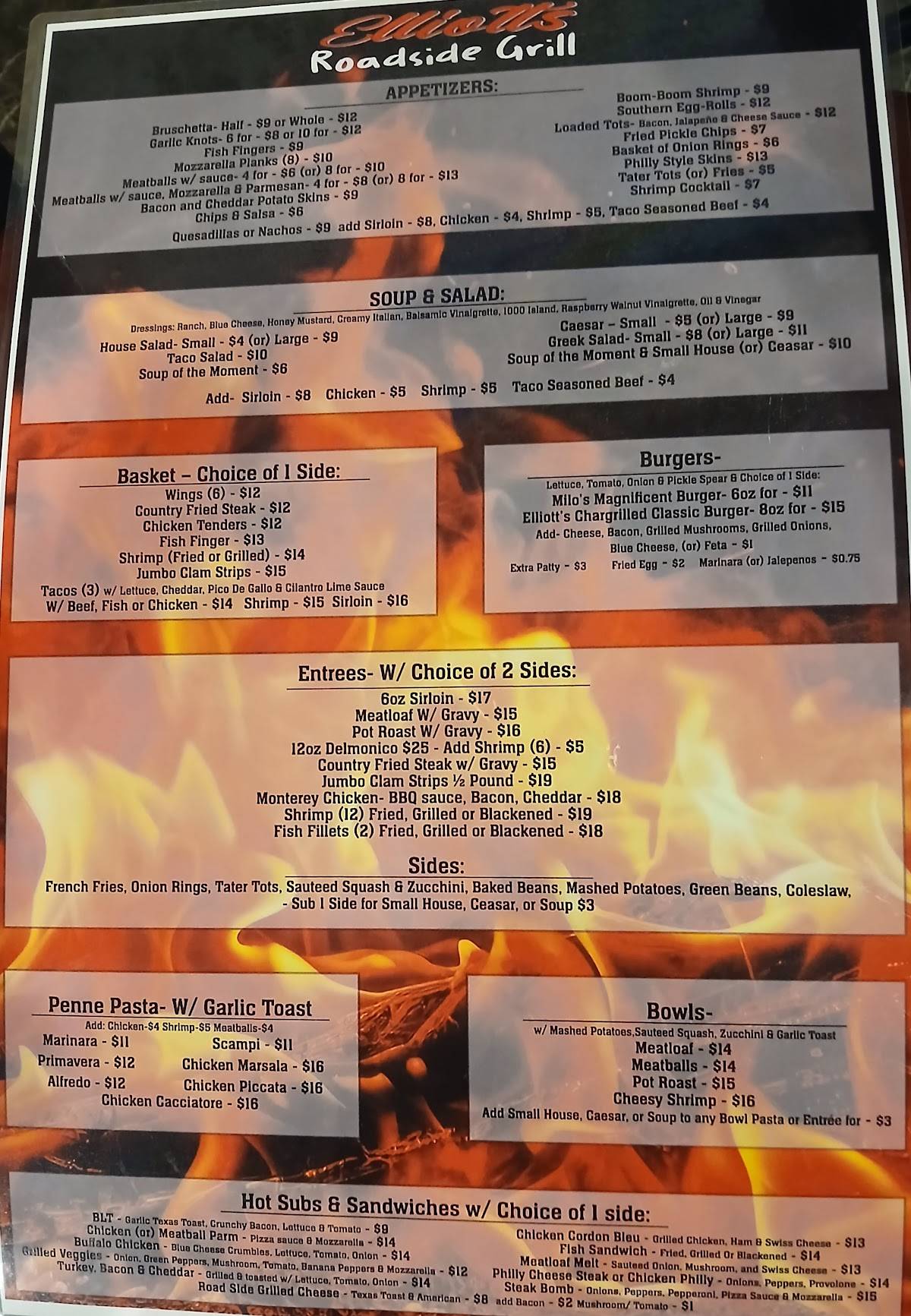 Menu at Elliott's Roadside Grill pub & bar, Edgewater
