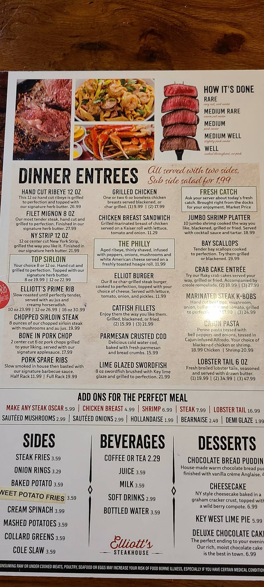 Menu at Elliott's Roadside Grill steakhouse, Edgewater