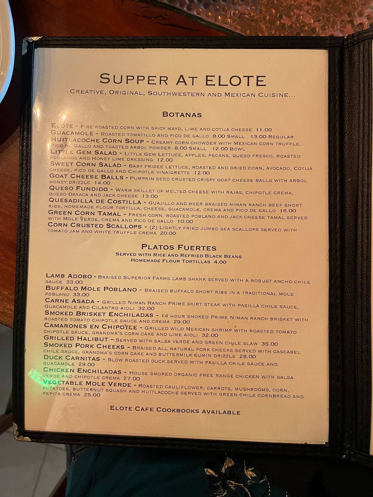 Menu at Elote Cafe, Sedona