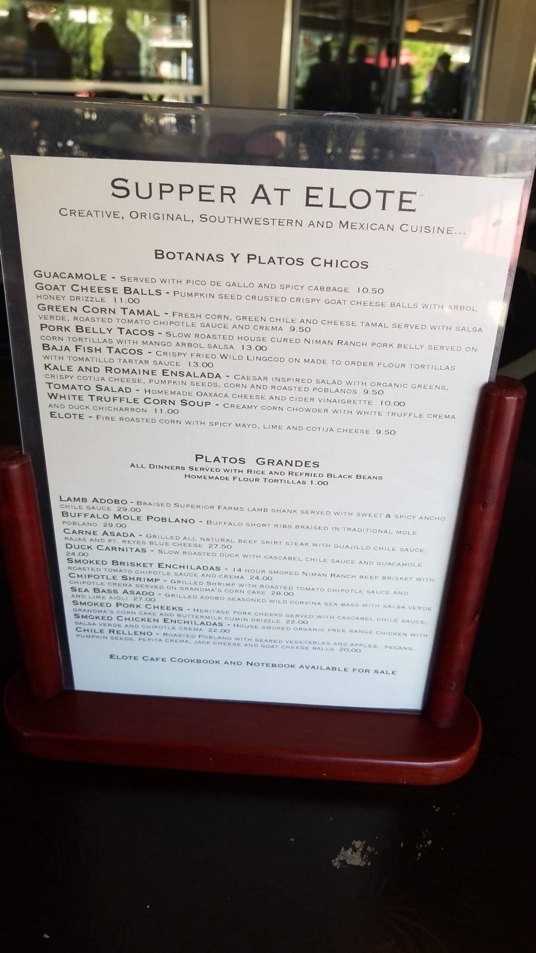 Menu at Elote Cafe, Sedona