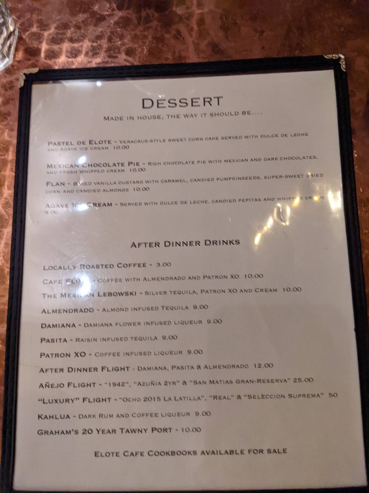 Menu at Elote Cafe, Sedona