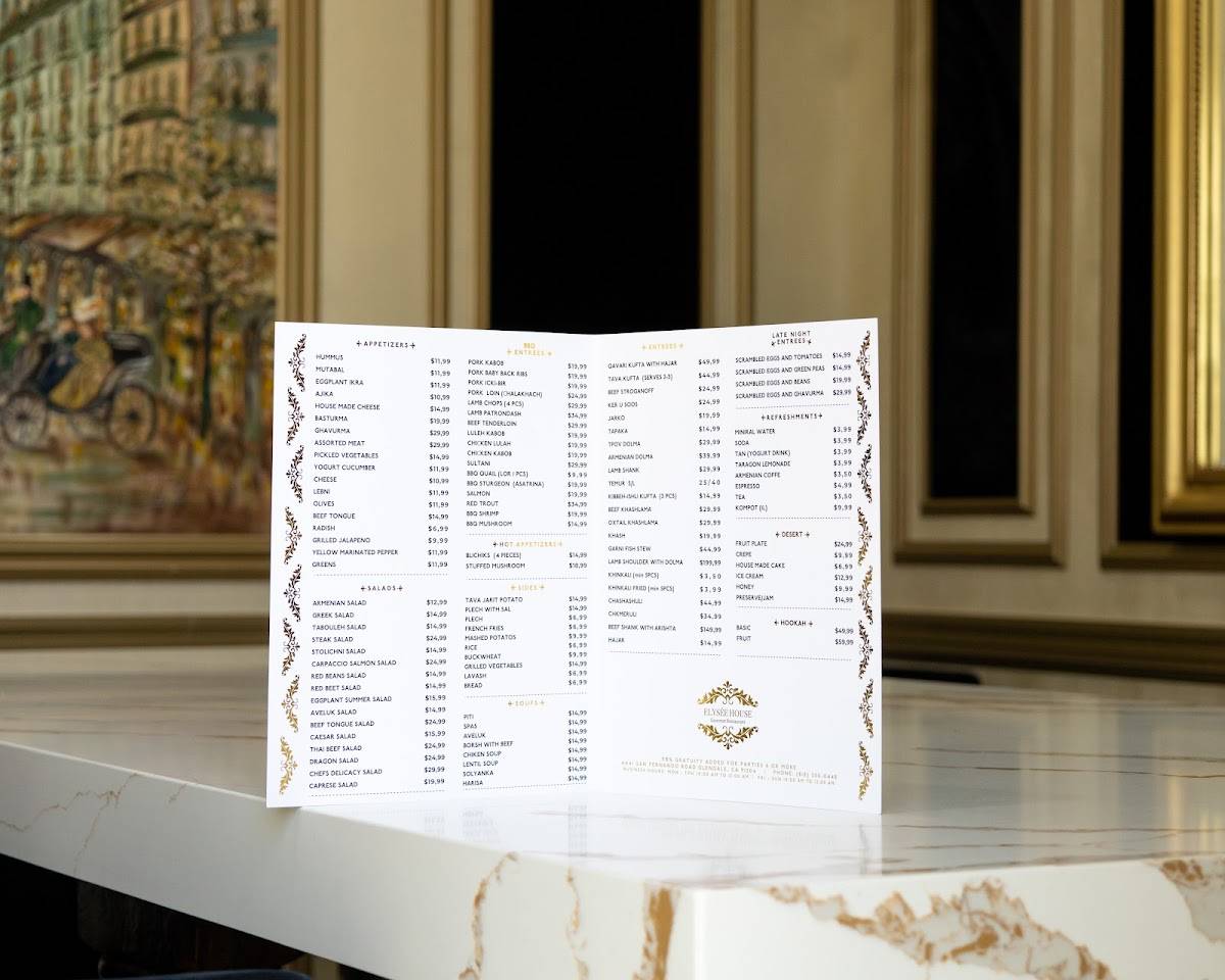 Menu at Elysee House Restaurant Old Gyumri, Glendale