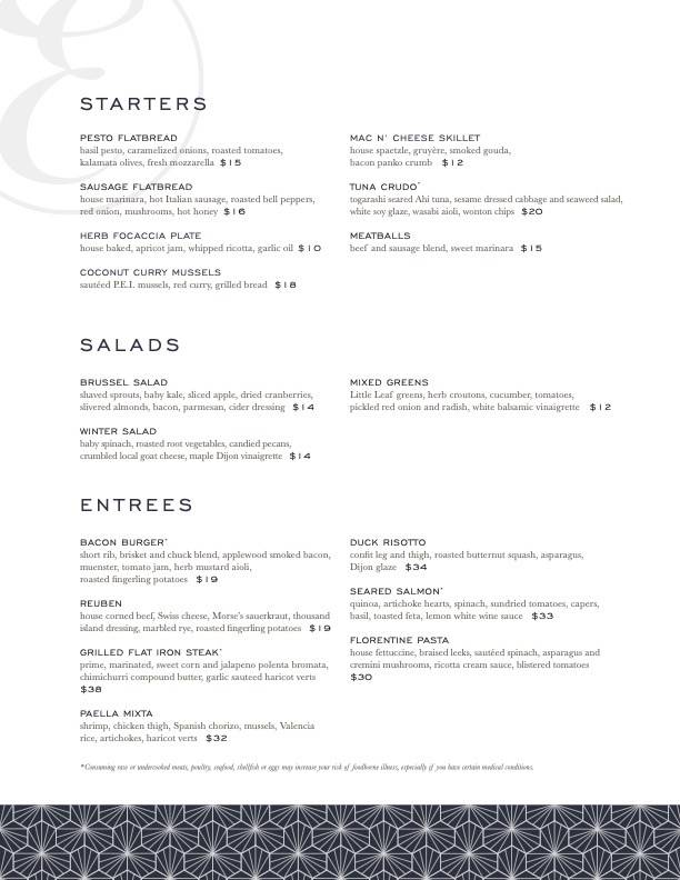 Menu at Embark, Brunswick