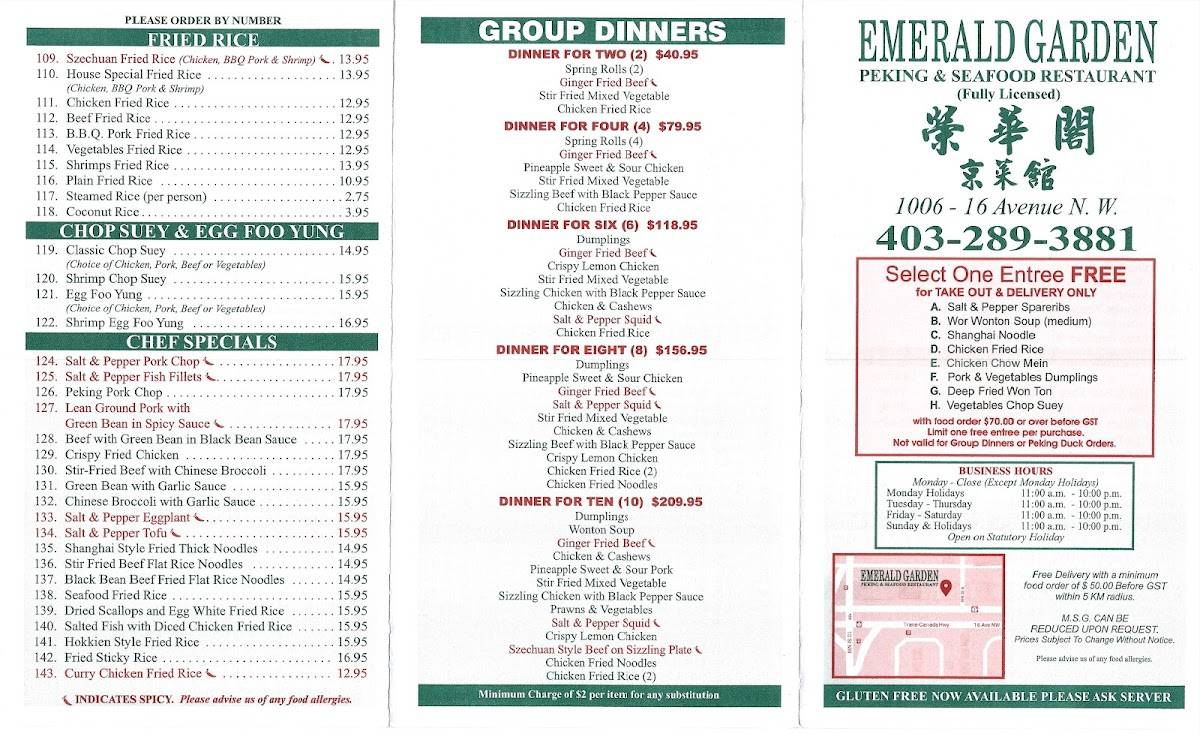 Menu at Emerald Garden restaurant, Calgary