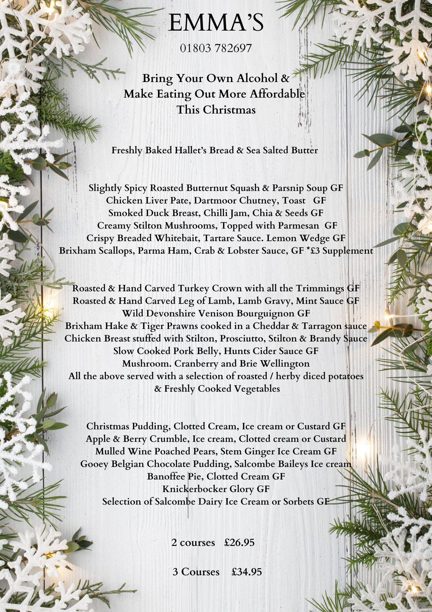 Menu at Emma's restaurant, Stoke Gabriel