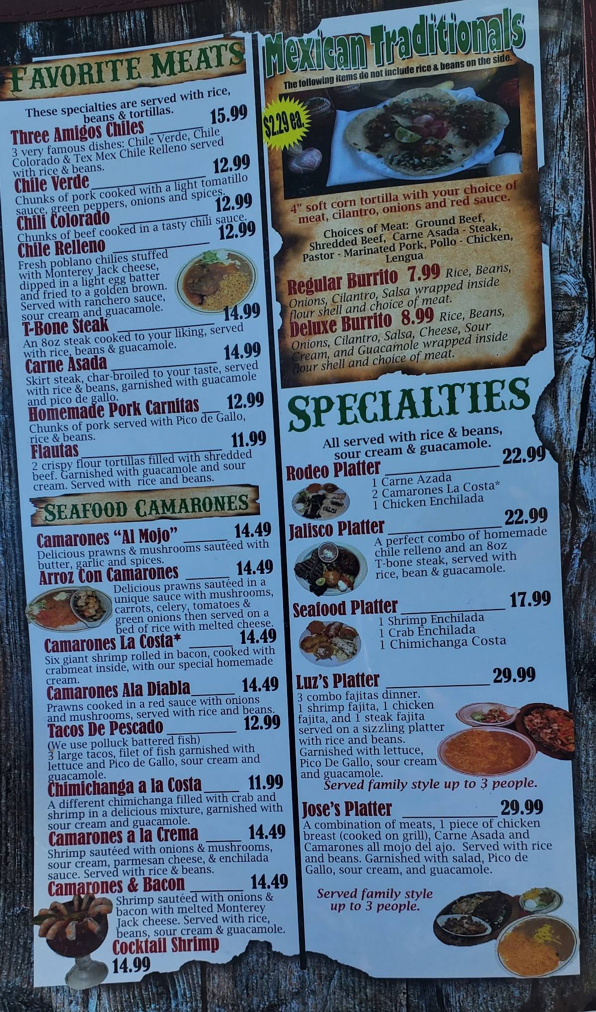Menu at La Costa restaurant, Emmett