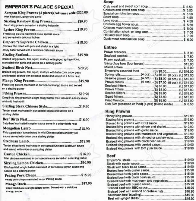Menu at Emperor's Palace Chinese Restaurant, Melville