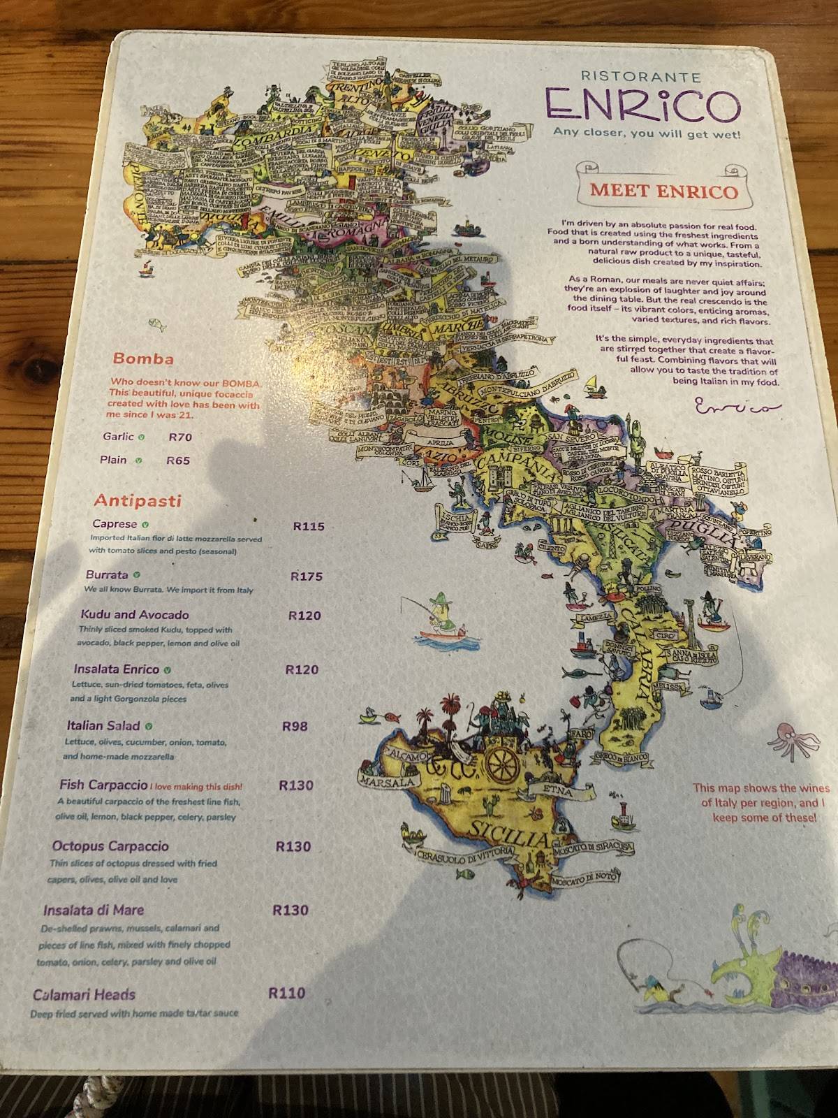 Menu at Enrico restaurant, Keurboomstrand