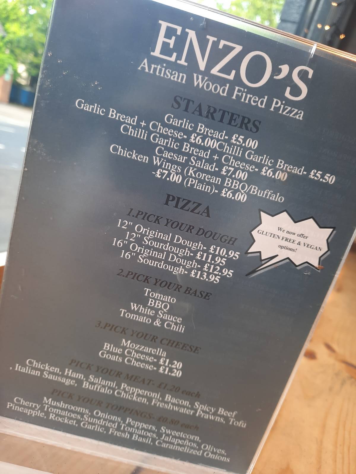 Menu at Enzo's restaurant, Belfast