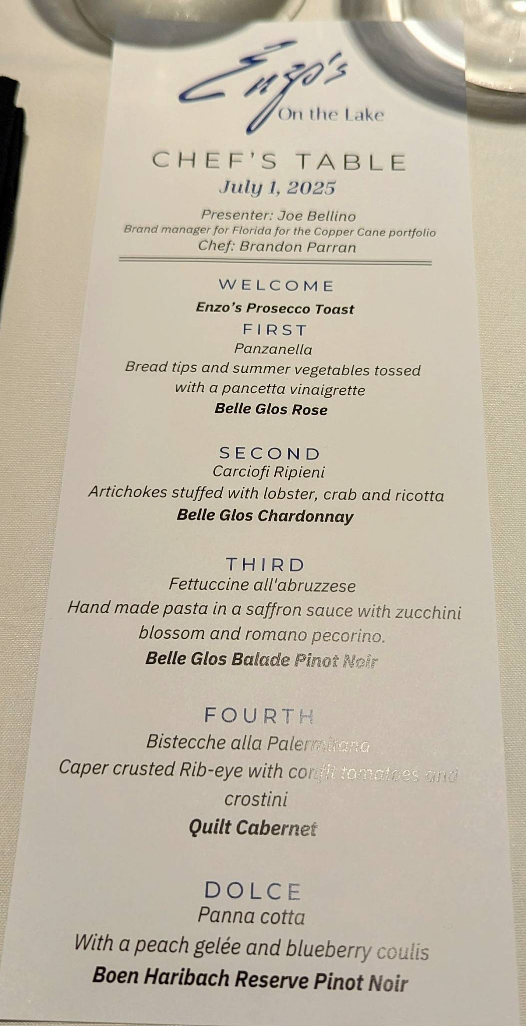 Menu at Enzo's on the Lake restaurant, Longwood
