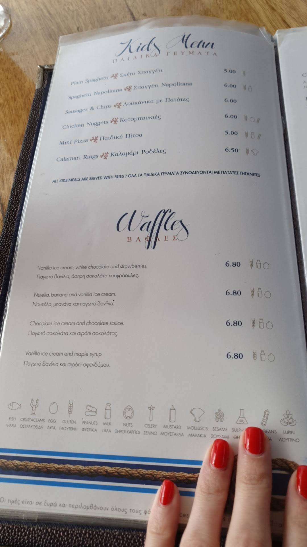 Menu at Chris Blue Beach, Episkopi