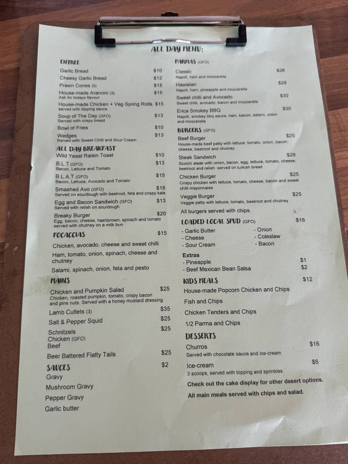 Menu at Erica Cafe & Bar, Erica, 2 Henty St