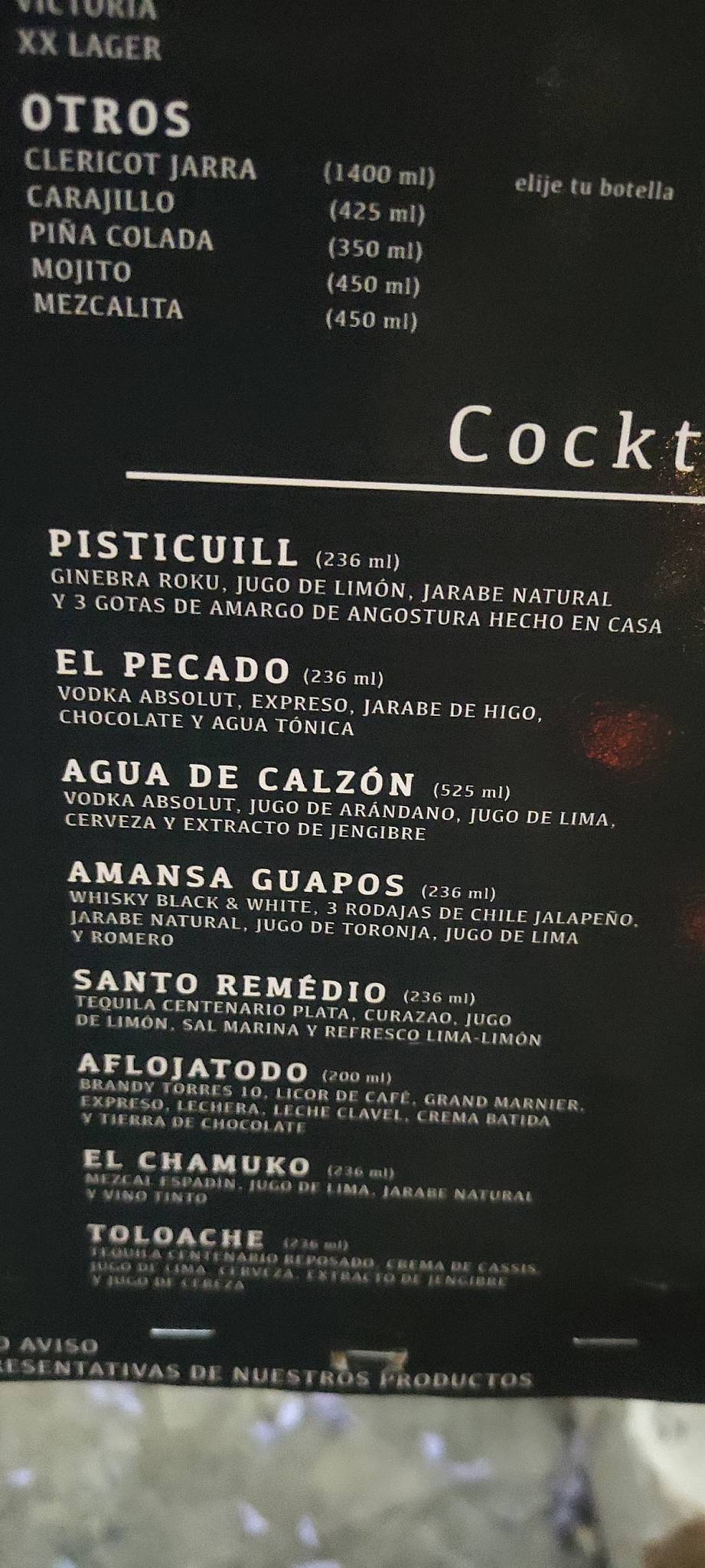 Carta del restaurante Espíritu Inquieto, Santiago Teyahualco