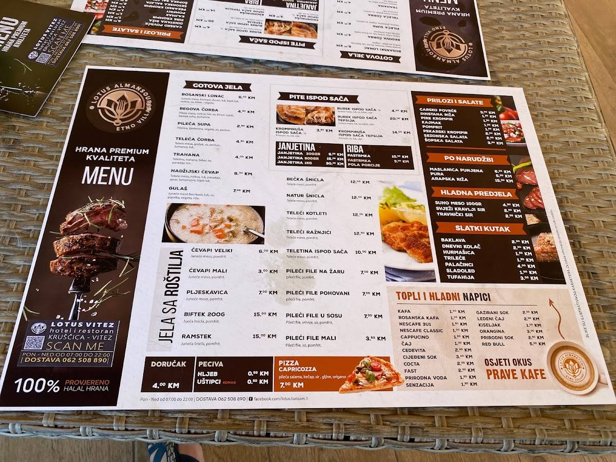 Speisekarte von Etno selo Lotus Kruščica Vitez restaurant, Bosnien und ...