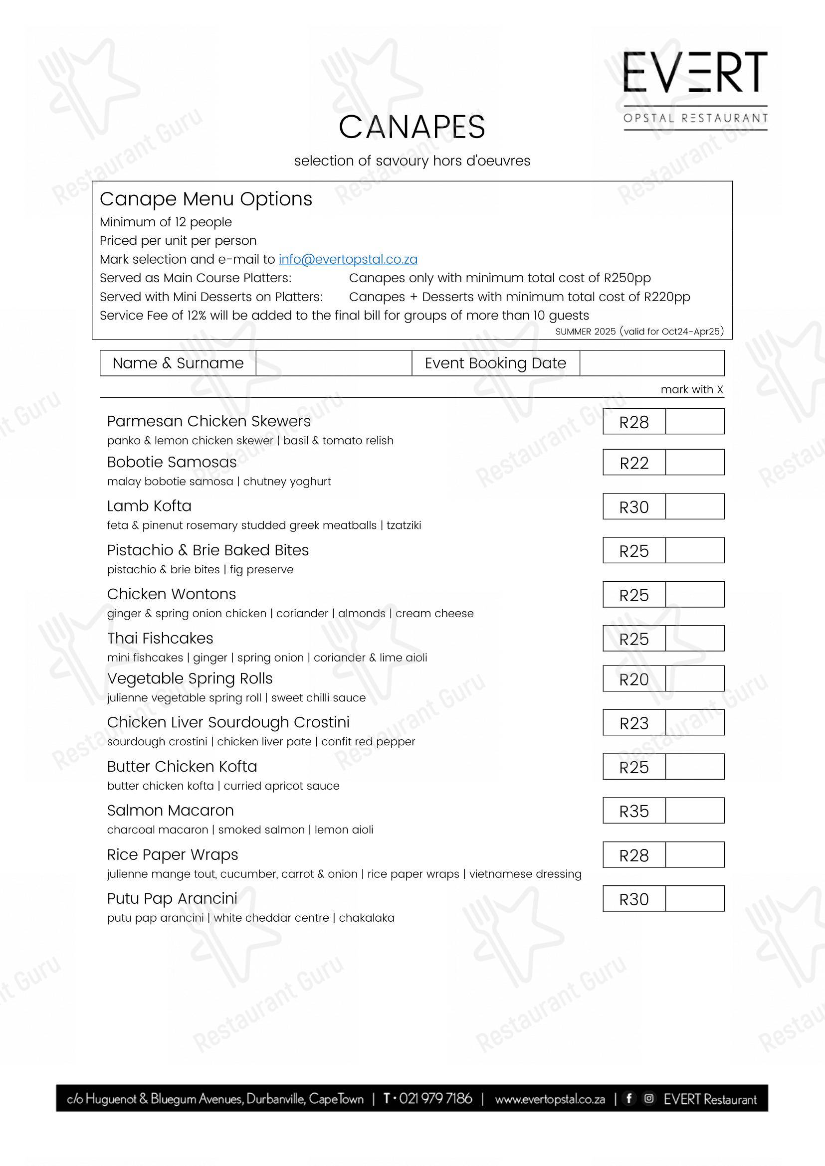 Carta de Evert Opstal Restaurant, Ciudad del Cabo
