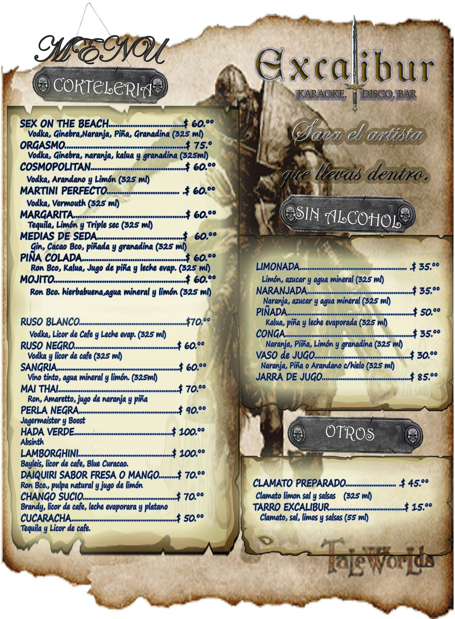 Carta del pub y bar Excalibur, Manzanillo