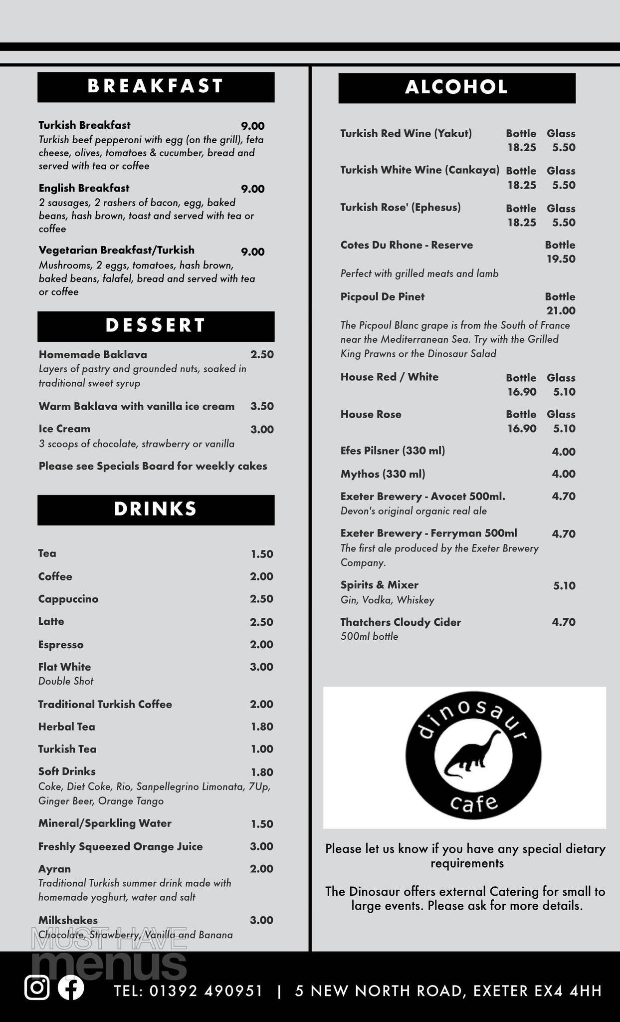 Menu at Dinosaur Cafe, Exeter