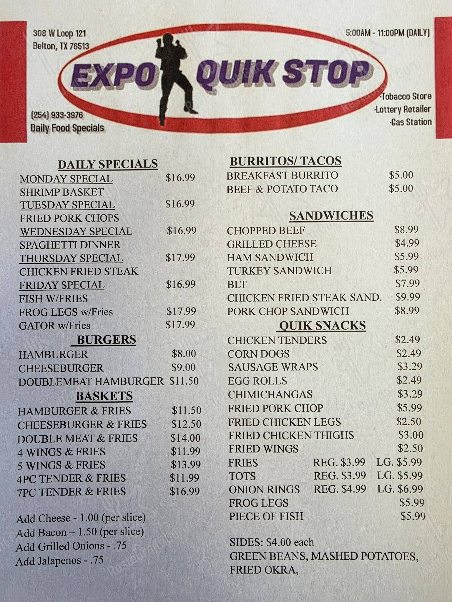 Menu at Expo Quik Stop restaurant, Belton