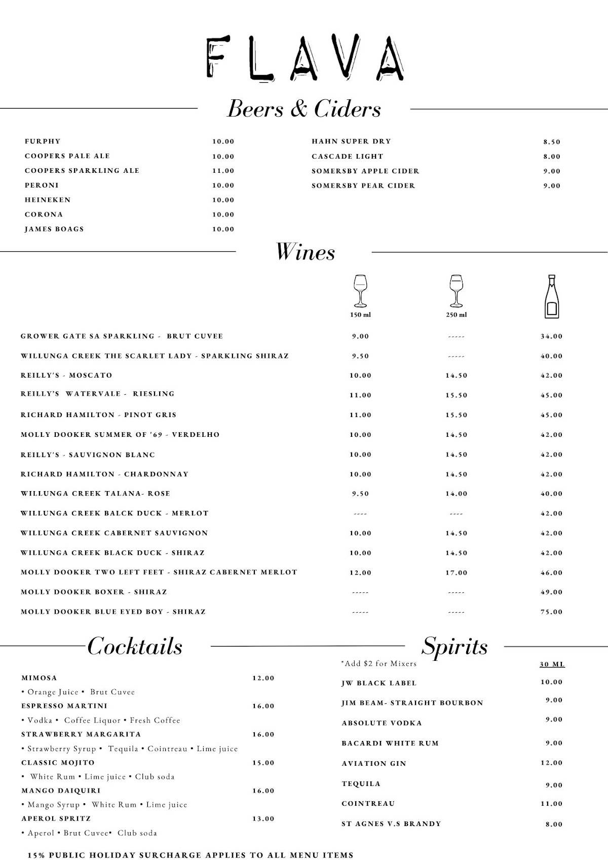 Menu at FLAVA Cafe - 'Taste the Vibe', Christies Beach