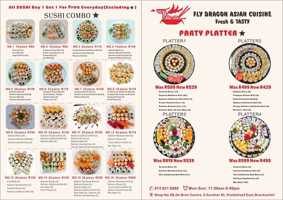 Speisekarte von FLY DRAGON ASIAN restaurant, Kapstadt