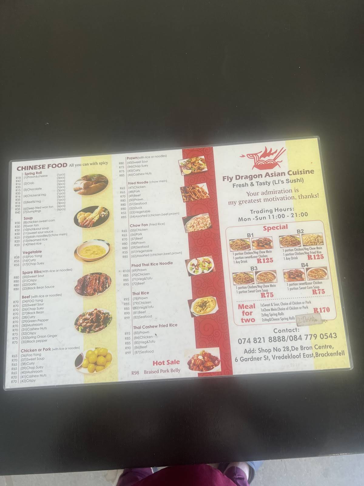 Menu at FLY DRAGON ASIAN restaurant, Cape Town