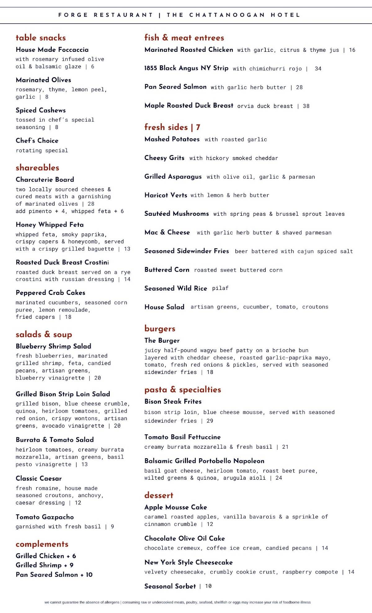 Menu at FORGE restaurant, Chattanooga