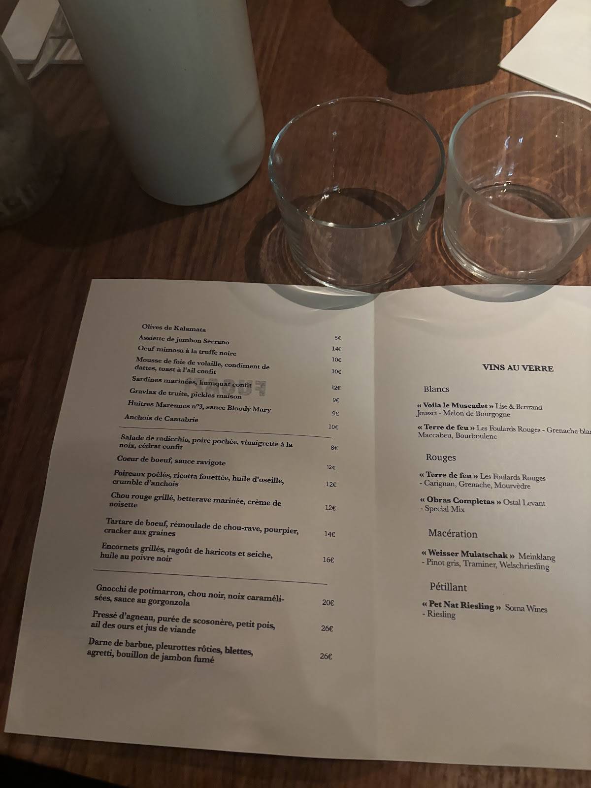 Menu at FUGAZI restaurant, Paris