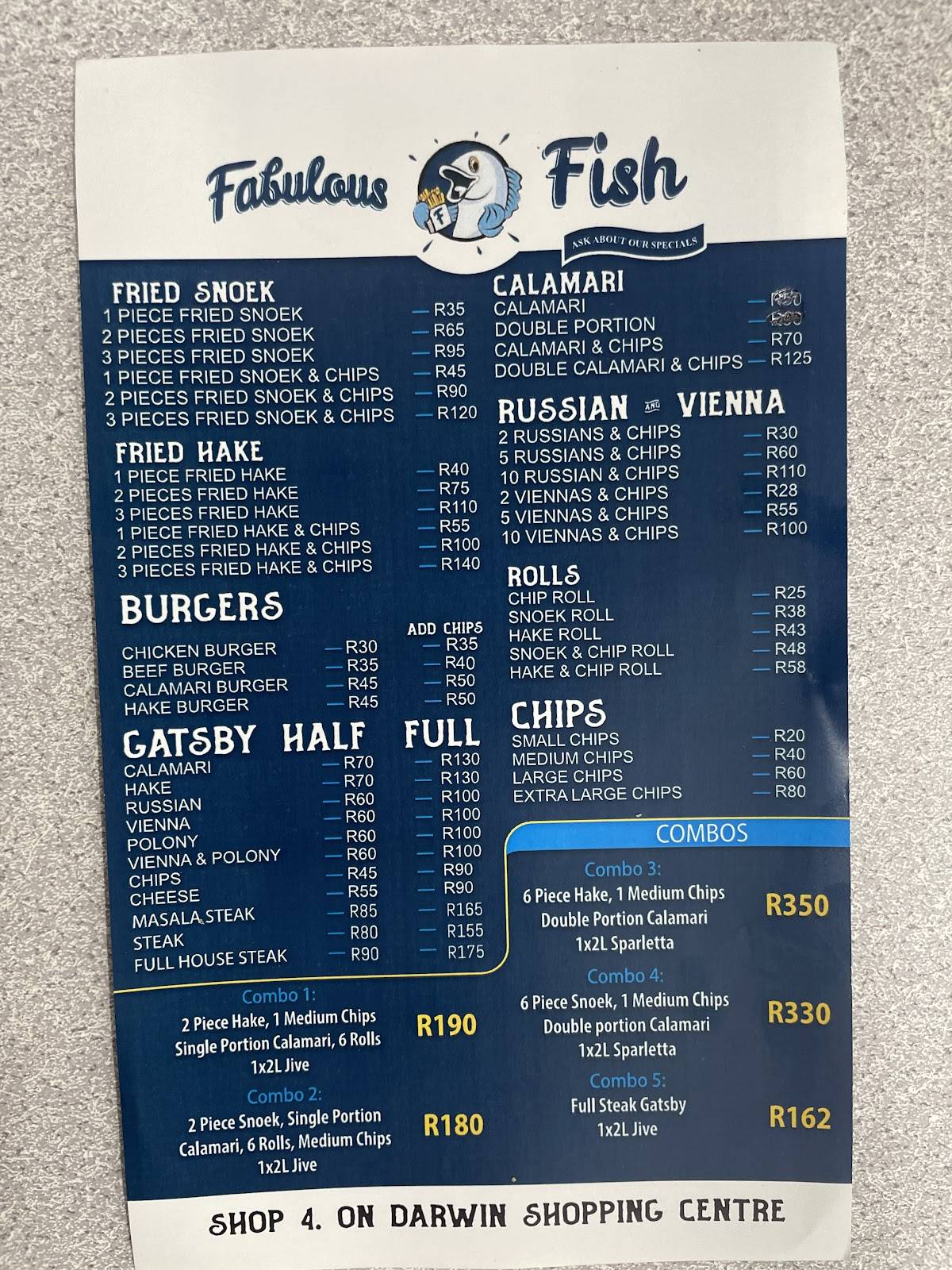 Menu at Fabulous fish restaurant, Cape Town, 5 Kwikstert Cl