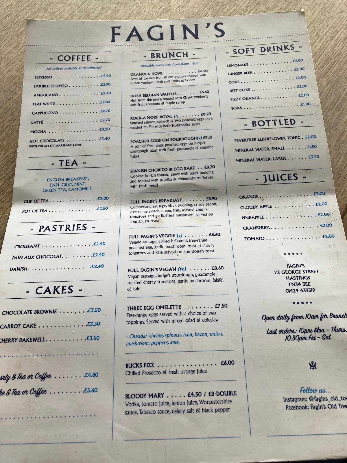 Menu at Fagin's restaurant, Hastings