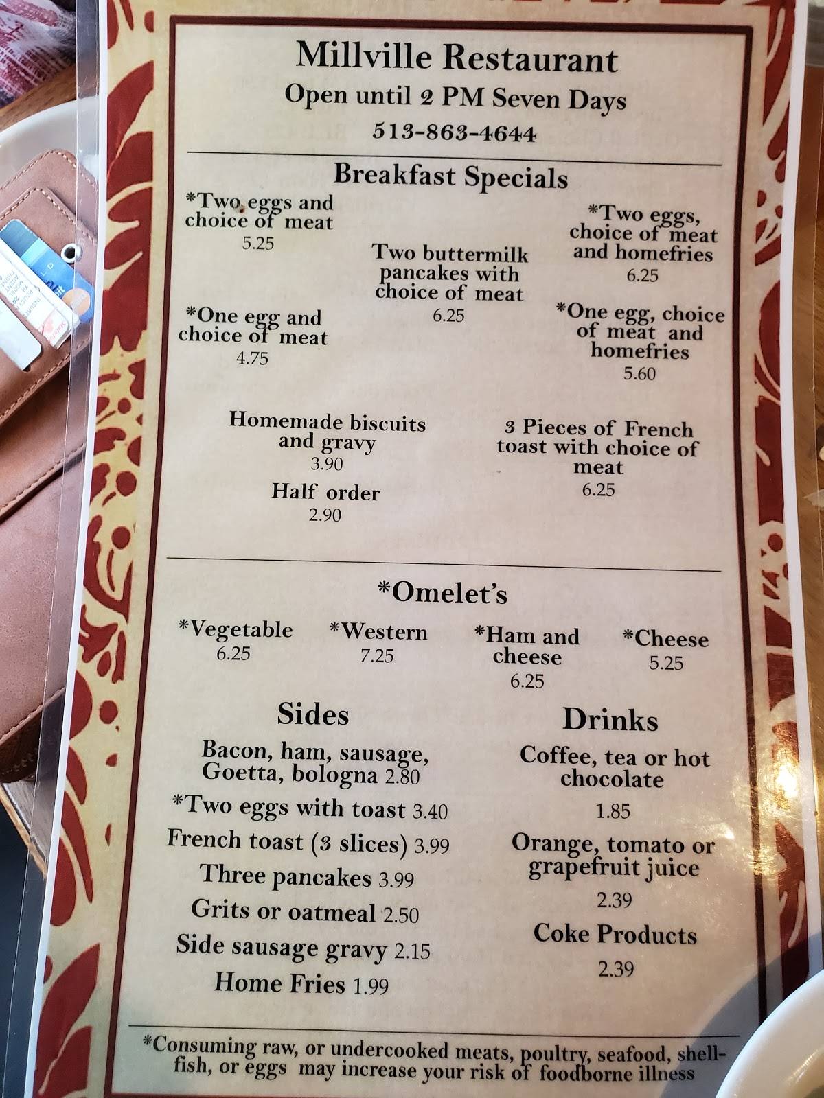 Menu at Millville Restaurant, Hamilton