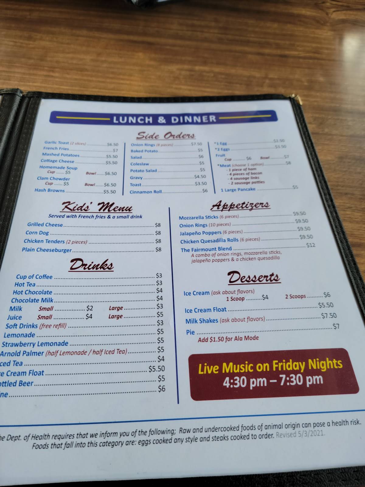 Menu at Fairmount Diner restaurant, Port Angeles