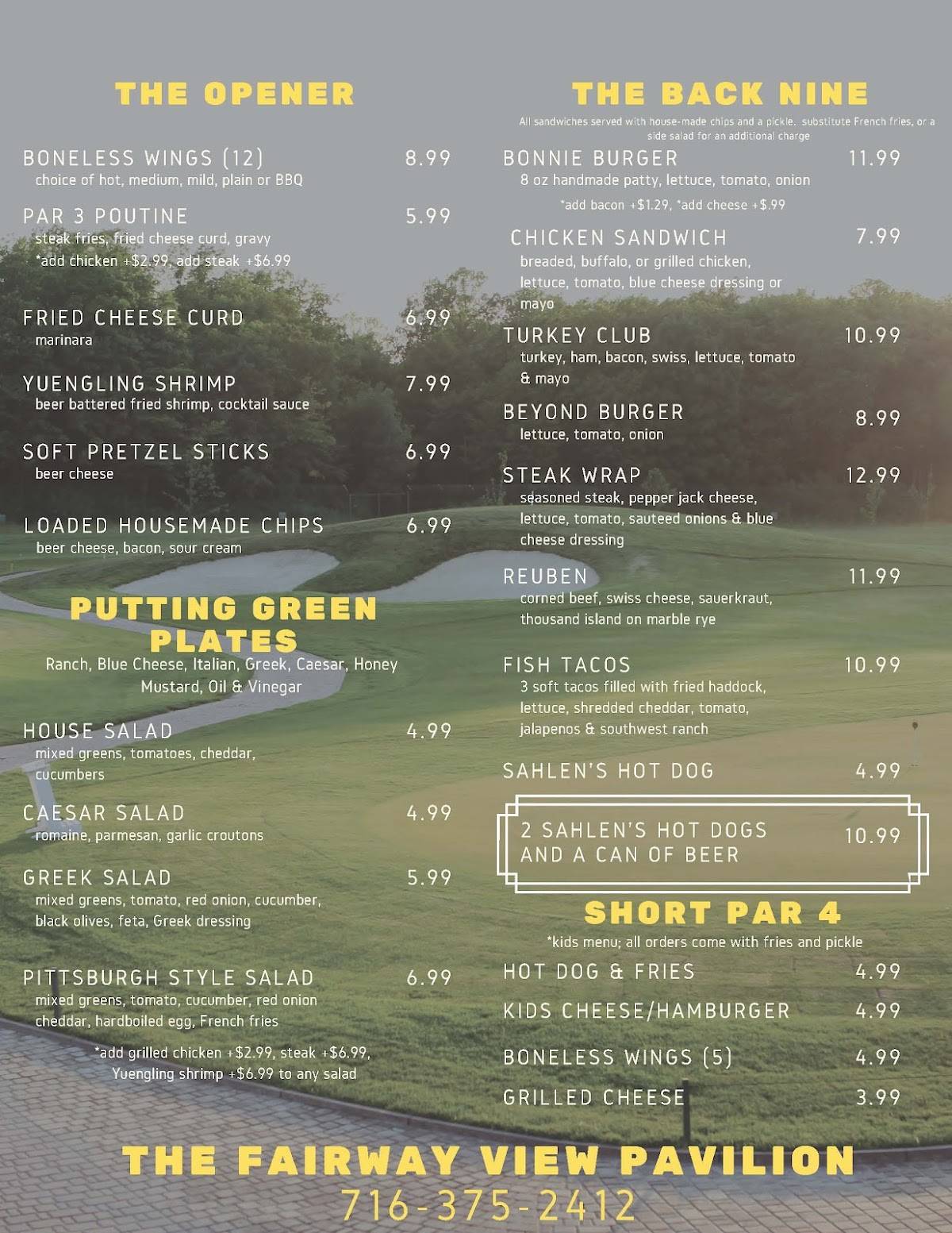 Menu at Fairway View Pavilion pub & bar, Allegany, NY-417